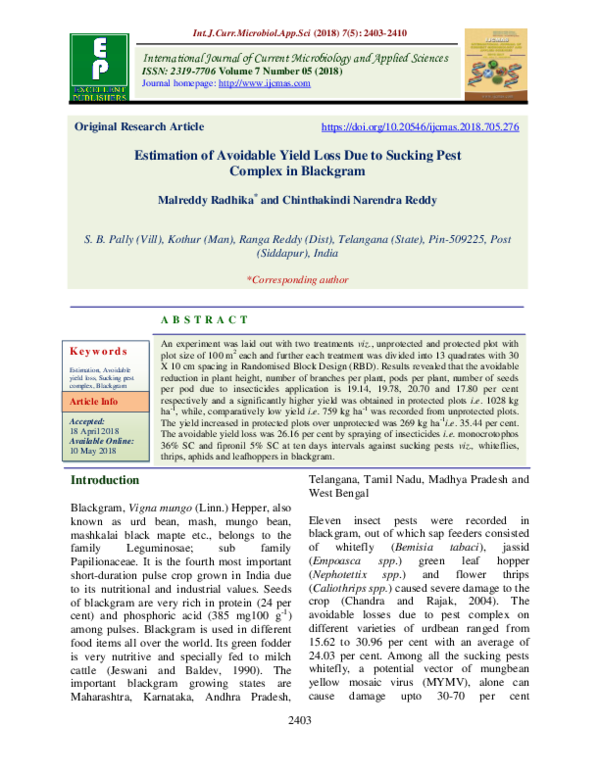 (PDF) Estimation of Avoidable Yield Loss Due to Sucking Pest Complex in ...