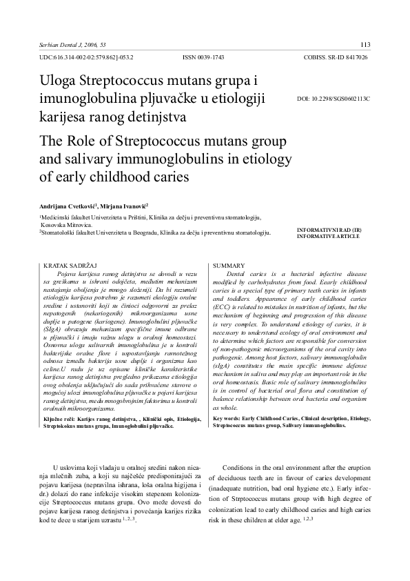 (PDF) The role of Streptococcus mutans group and salivary ...