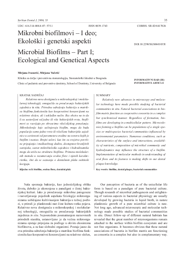 (PDF) Microbial biofilms - part I: Ecological and genetical aspects
