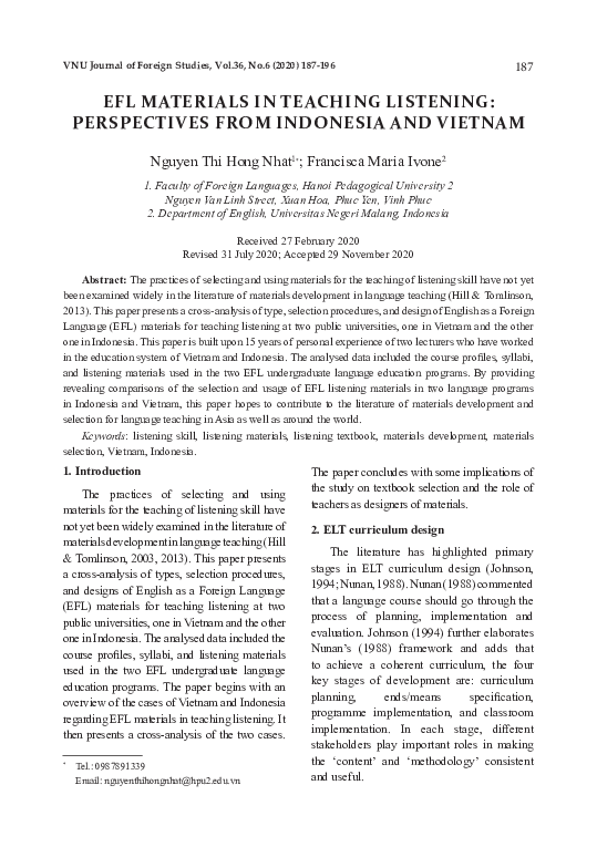 (PDF) Efl Materials in Teaching Listening: Perspectives from Indonesia ...