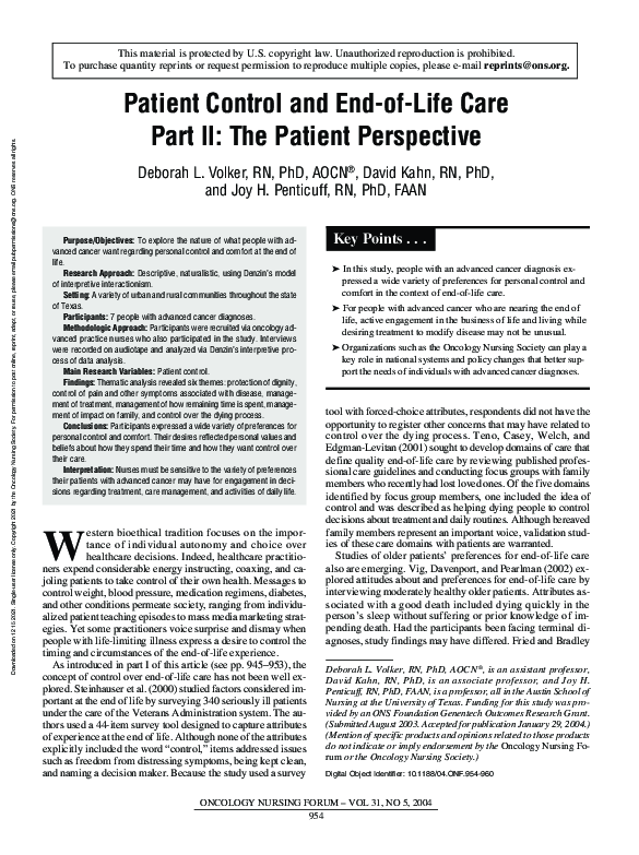 (PDF) Patient Control and End-of-Life Care Part II: The Patient Perspective