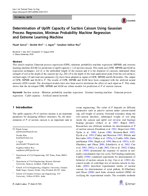 Pdf Determination Of Uplift Capacity Of Suction Caisson Using Gaussian Process Regression