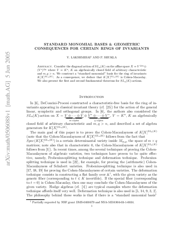 (PDF) Standard monomial bases and geometric consequences for certain rings of invariants