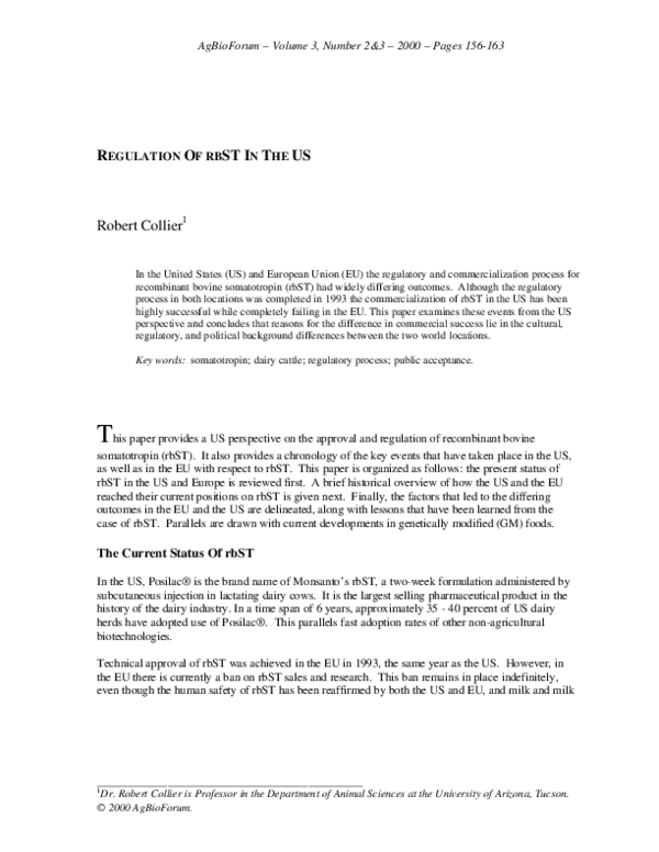 (PDF) Regulation of rbST in the US