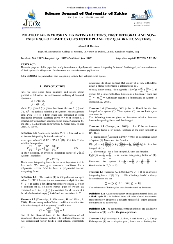 (PDF) Polynomial Inverse Integrating Factors, First Integral and Non-Existence of Limit Cycles ...