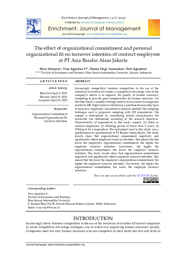 (PDF) The effect of organizational commitment and personal organizational fit on turnover ...