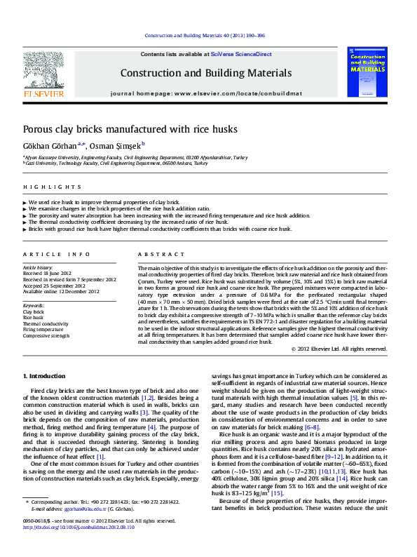(PDF) Porous clay bricks manufactured with rice husks