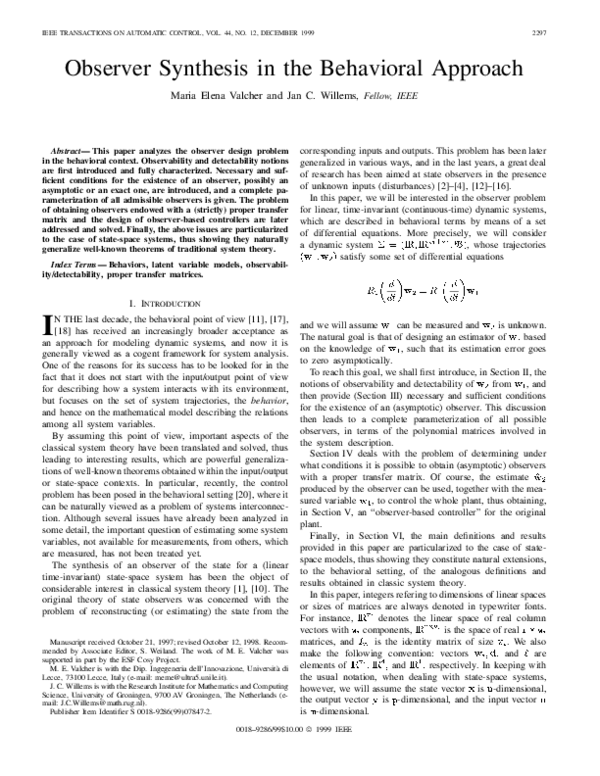 (PDF) Observer synthesis in the behavioral approach