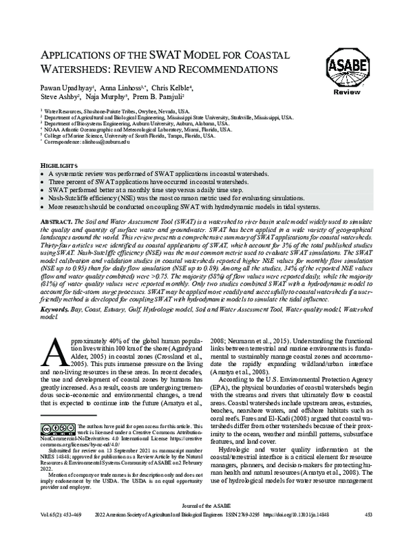 (PDF) Applications of the SWAT Model for Coastal Watersheds: Review and ...
