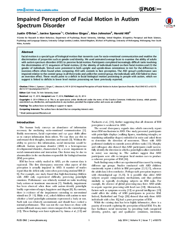 (PDF) Impaired Perception of Facial Motion in Autism Spectrum Disorder