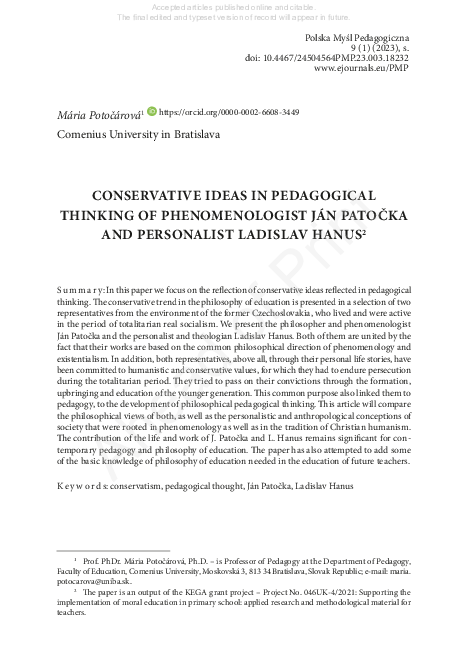 (PDF) Conservative ideas in pedagogical thinking of phenomenologist Ján ...