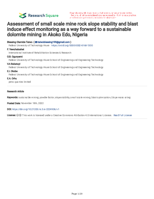 (PDF) Assessment of small scale mine rock slope stability and blast ...