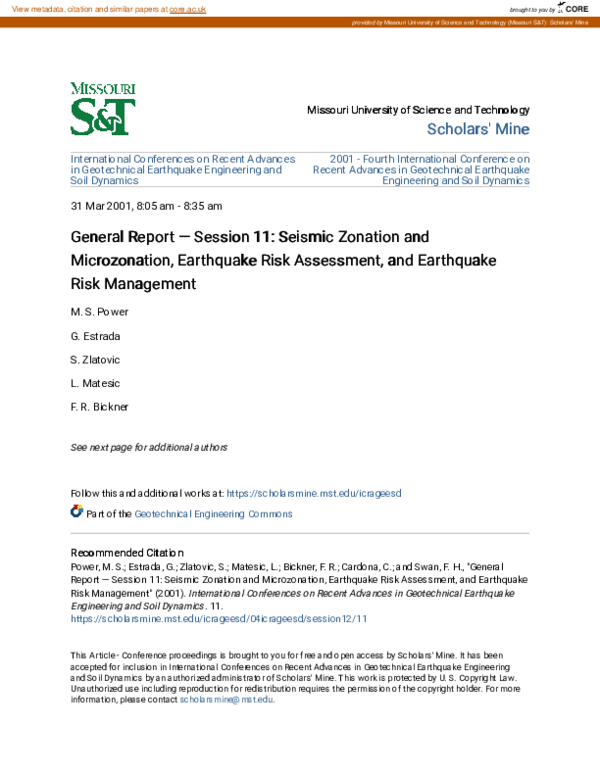 (PDF) General Report — Session 11: Seismic Zonation and Microzonation, Earthquake Risk ...
