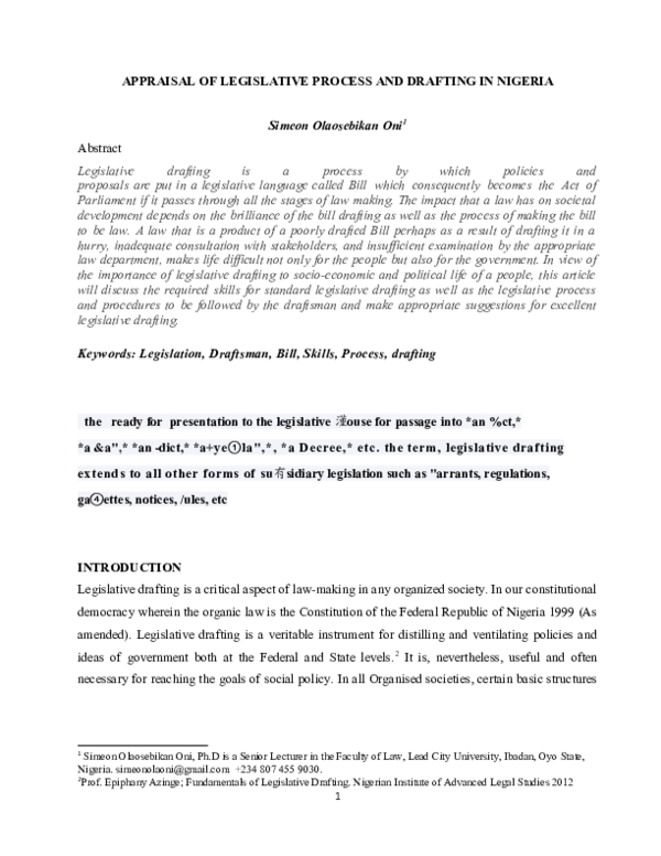 (DOC) APPRAISAL OF LEGISLATIVE PROCESS AND DRAFTING IN NIGERIA