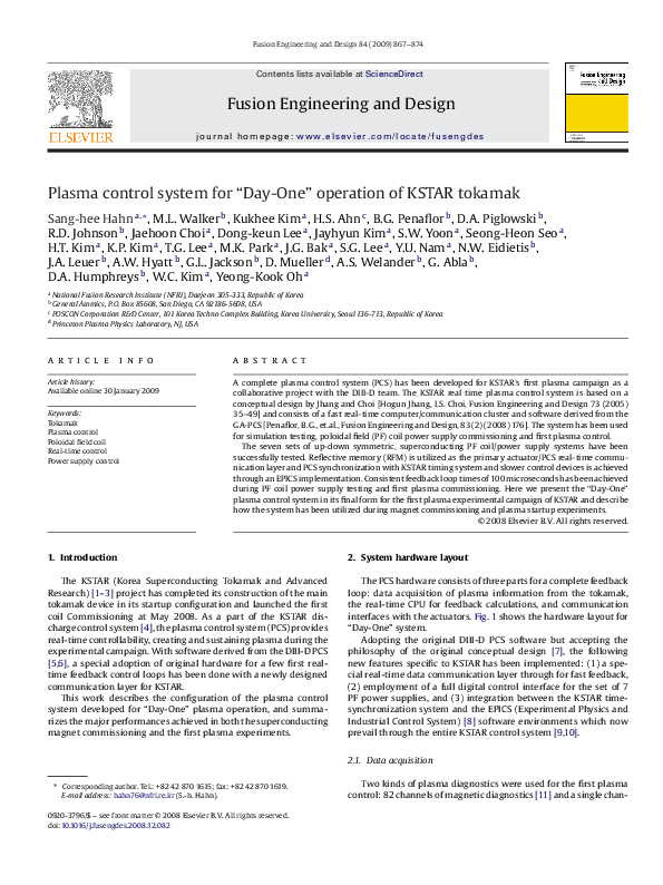 (PDF) Plasma control system for “Day-One” operation of KSTAR tokamak