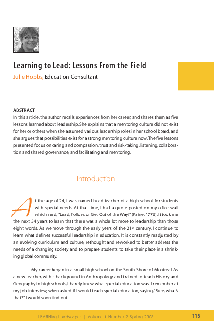 (PDF) Learning to Lead: Lessons From the Field
