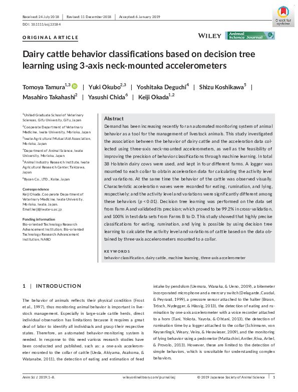 (PDF) Dairy cattle behavior classifications based on decision tree learning using 3‐axis neck ...