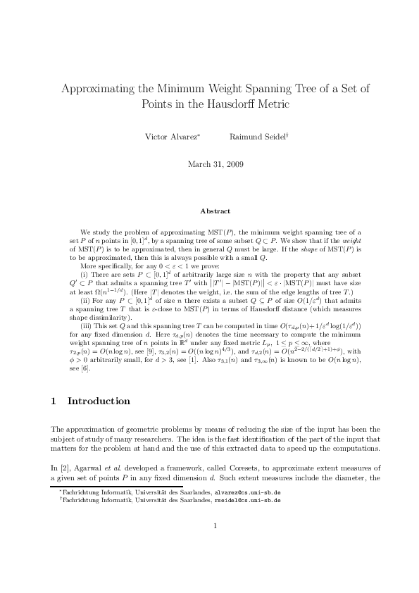 (PDF) Approximating the minimum weight spanning tree of a set of points in the Hausdorff metric