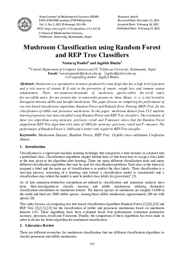 (PDF) Mushroom Classification using Random Forest and REP Tree Classifiers