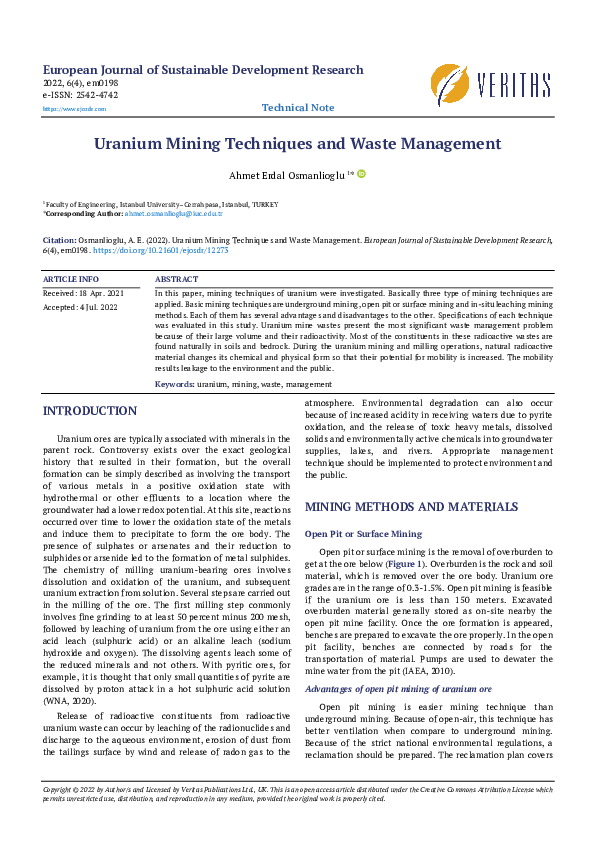 (PDF) Uranium Mining Techniques and Waste Management