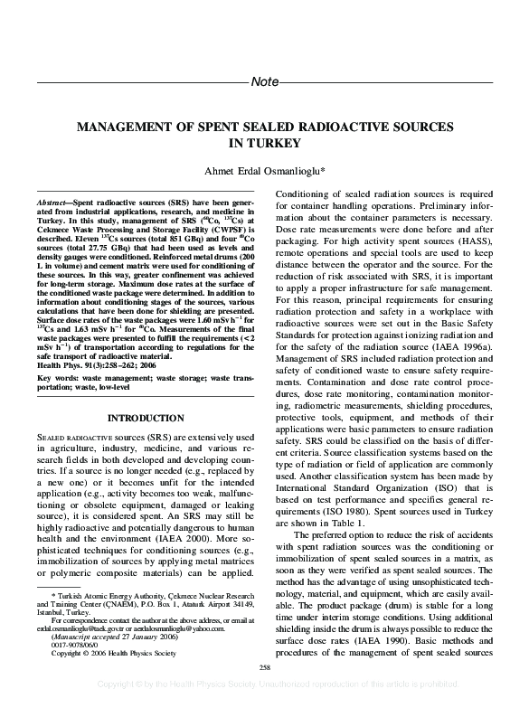 (PDF) Management of Spent Sealed Radioactive Sources in Turkey