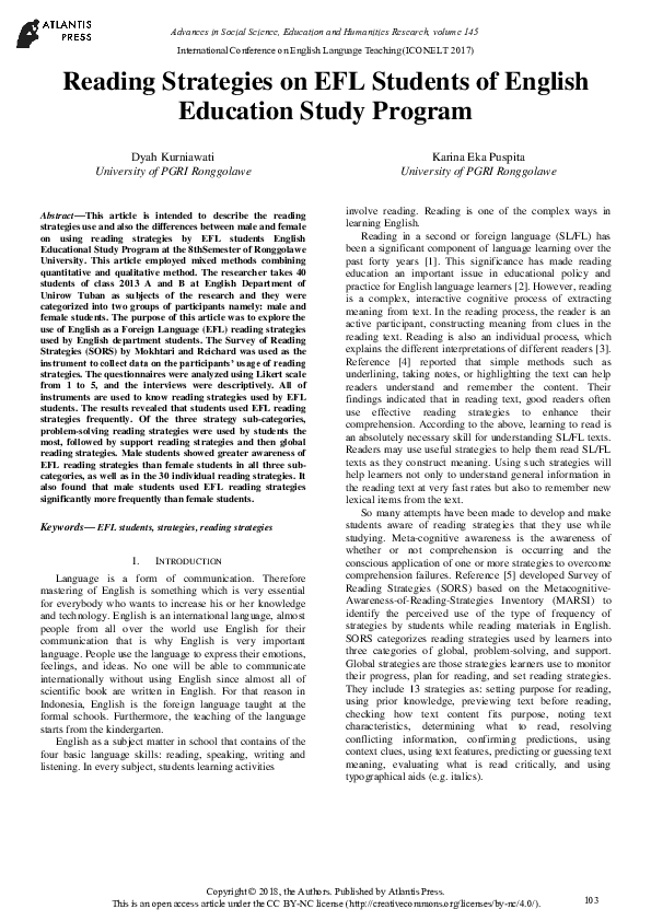 (PDF) Reading Strategies on EFL Students of English Education Study Program