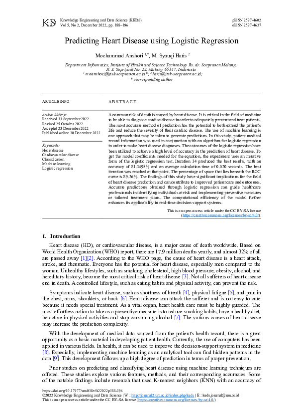 Pdf Predicting Heart Disease Using Logistic Regression