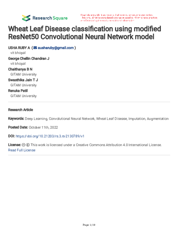 (PDF) Wheat Leaf Disease classification using modified ResNet50 Convolutional Neural Network model