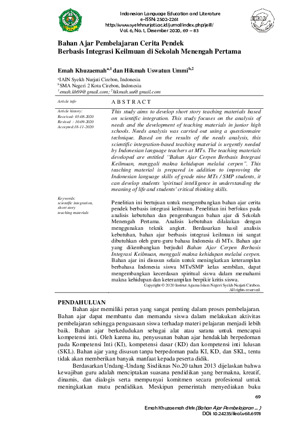 (PDF) Bahan Ajar Pembelajaran Cerita Pendek Berbasis Integrasi Keilmuan di Sekolah Menengah ...