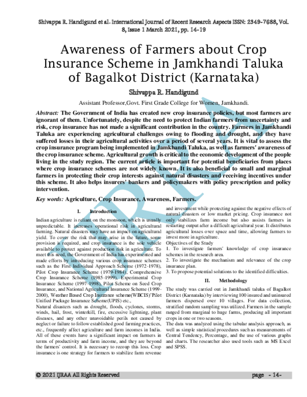(PDF) Awareness of Farmers about Crop Insurance Scheme in Jamkhandi ...