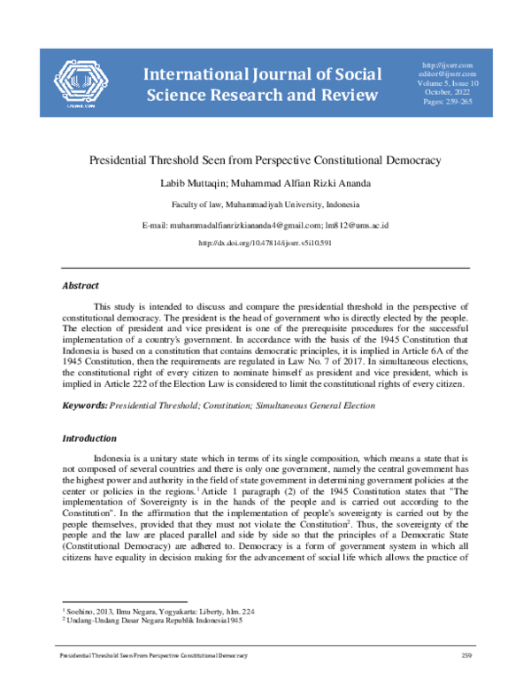 (PDF) Presidential Threshold Seen From Perspective Constitutional Democracy