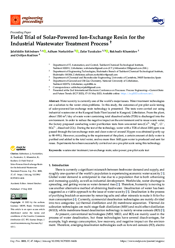 (PDF) Field Trial of Solar-Powered Ion-Exchange Resin for the Industrial Wastewater Treatment ...