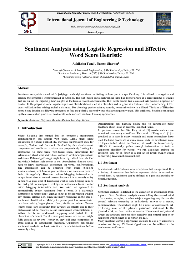 (PDF) Sentiment Analysis using Logistic Regression and Effective Word Score Heuristic