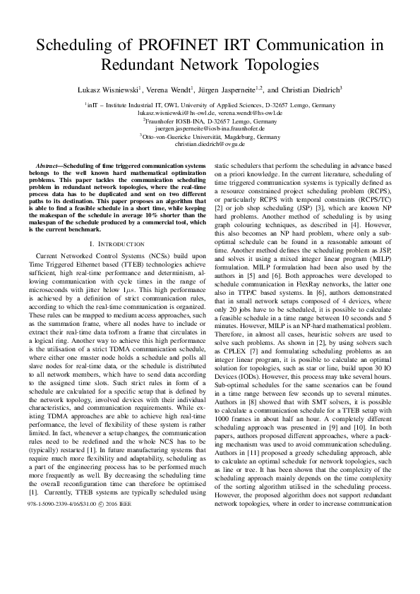 (PDF) Scheduling of PROFINET IRT communication in redundant network topologies