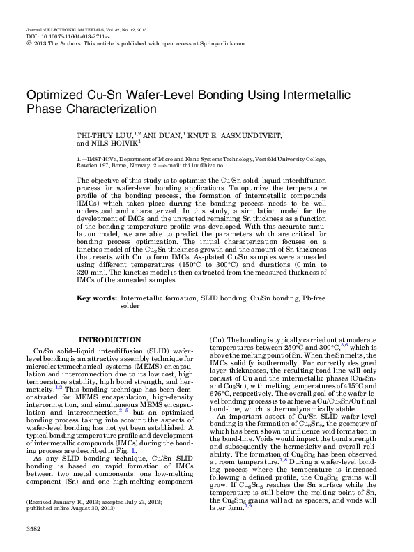 (PDF) Optimized Cu-Sn Wafer-Level Bonding Using Intermetallic Phase ...