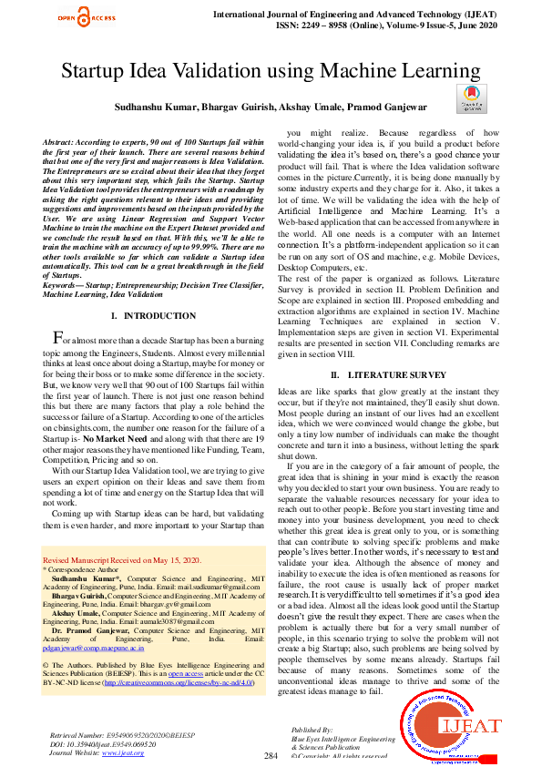 (PDF) Startup Idea Validation using Machine Learning | sudhanshu kumar - Academia.edu