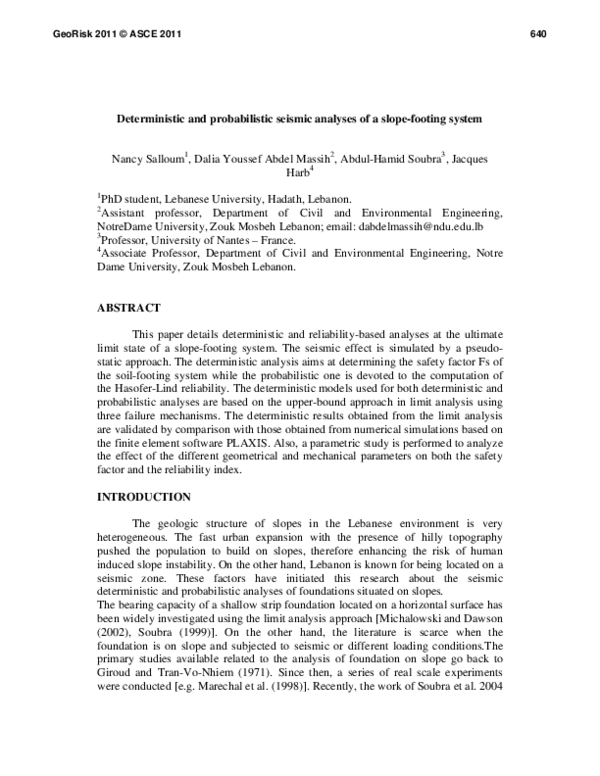 (PDF) Deterministic and Probabilistic Seismic Analyses of a Slope-Footing System