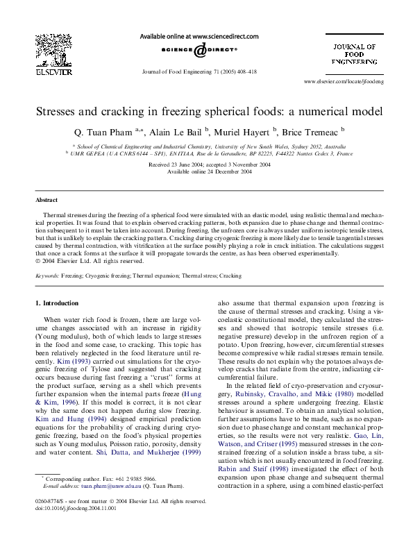 (PDF) Stresses and cracking in freezing spherical foods: a numerical model