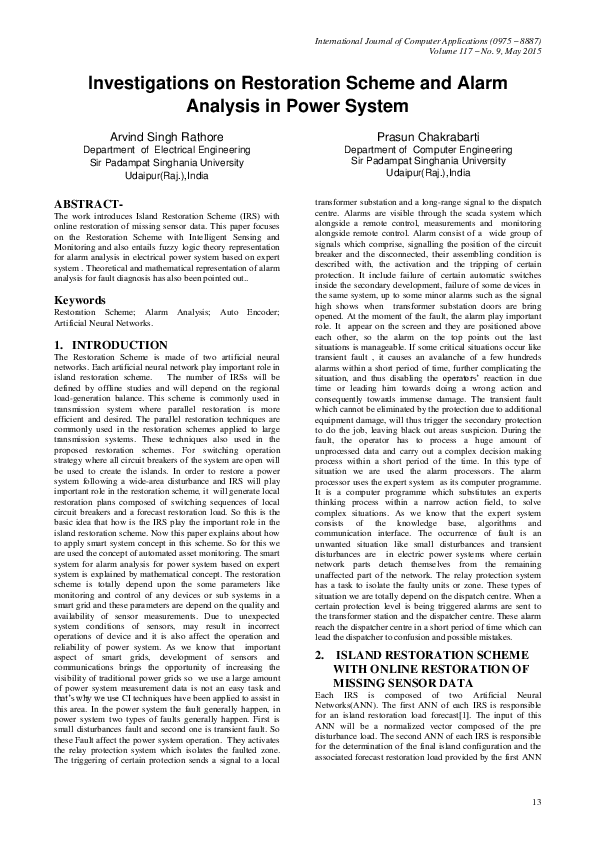 (PDF) Investigations on Restoration Scheme and Alarm Analysis in Power System