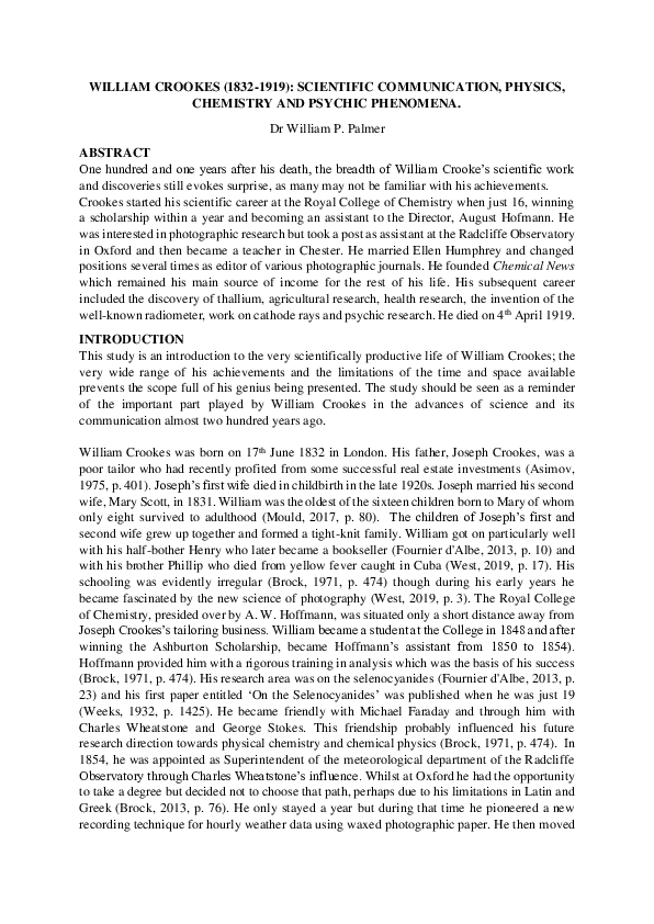 (PDF) WILLIAM CROOKES (1832-1919): SCIENTIFIC COMMUNICATION, PHYSICS ...