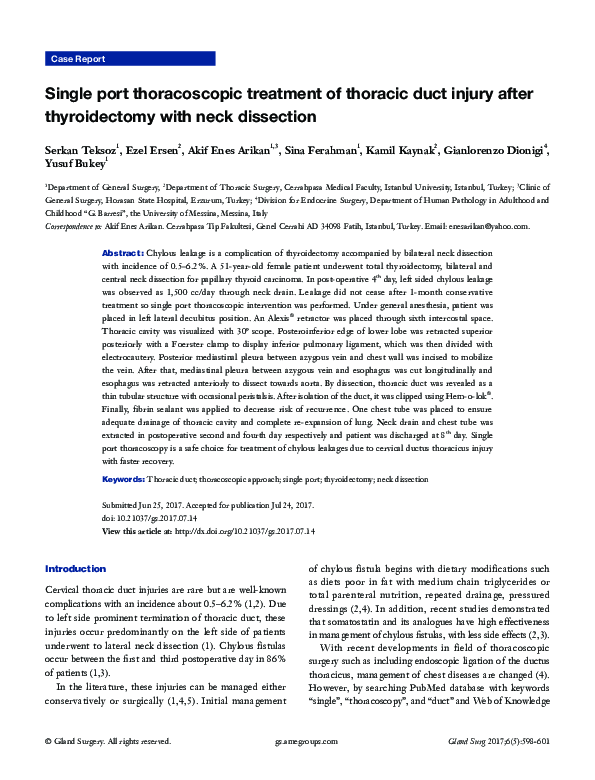 (PDF) Single port thoracoscopic treatment of thoracic duct injury after ...