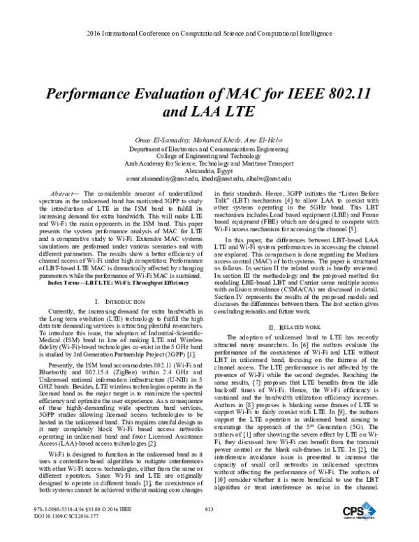 (PDF) Performance Evaluation of MAC for IEEE 802.11 and LAA LTE | mohamed khedr - Academia.edu
