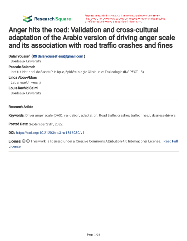 Pdf Anger Hits The Road Validation And Cross Cultural Adaptation Of The Arabic Version Of