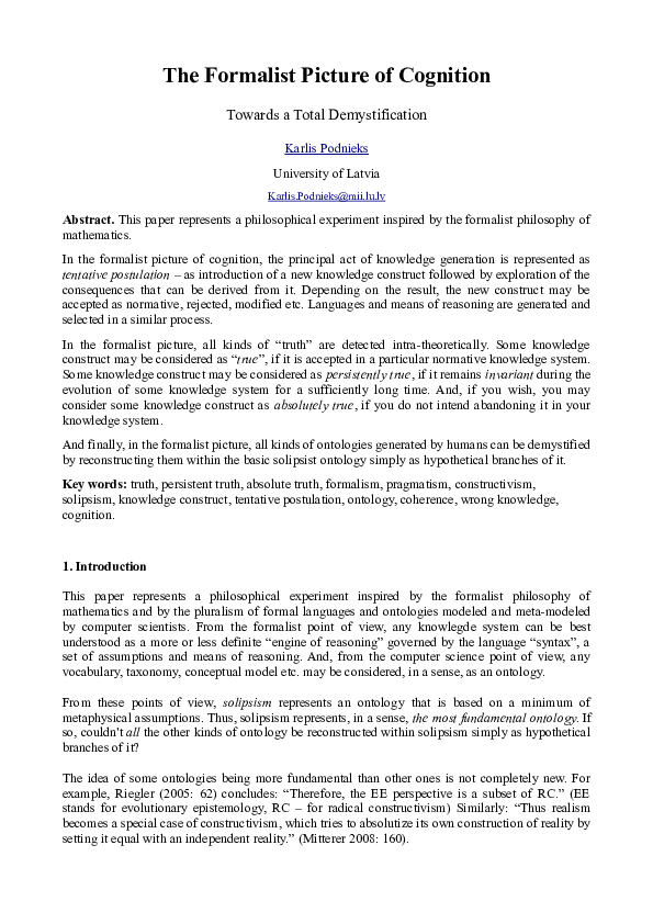 (PDF) The Formalist Picture of Cognition. Towards a Total Demystification