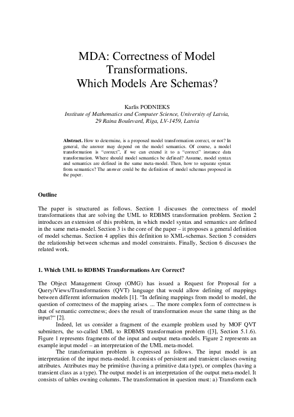 (PDF) MDA: correctness of model transformations. Which models are schemas?