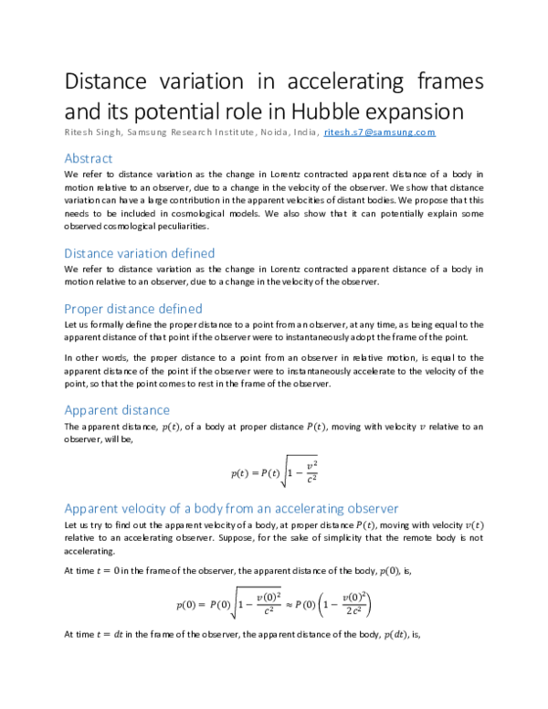 (PDF) Distance Variation in Accelerating Frames and Its Potential Role ...