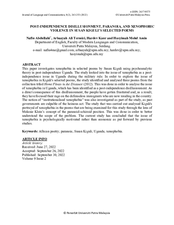 (PDF) POST-INDEPENDENCE DISILLUSIONMENT, PARANOIA, AND XENOPHOBIC ...
