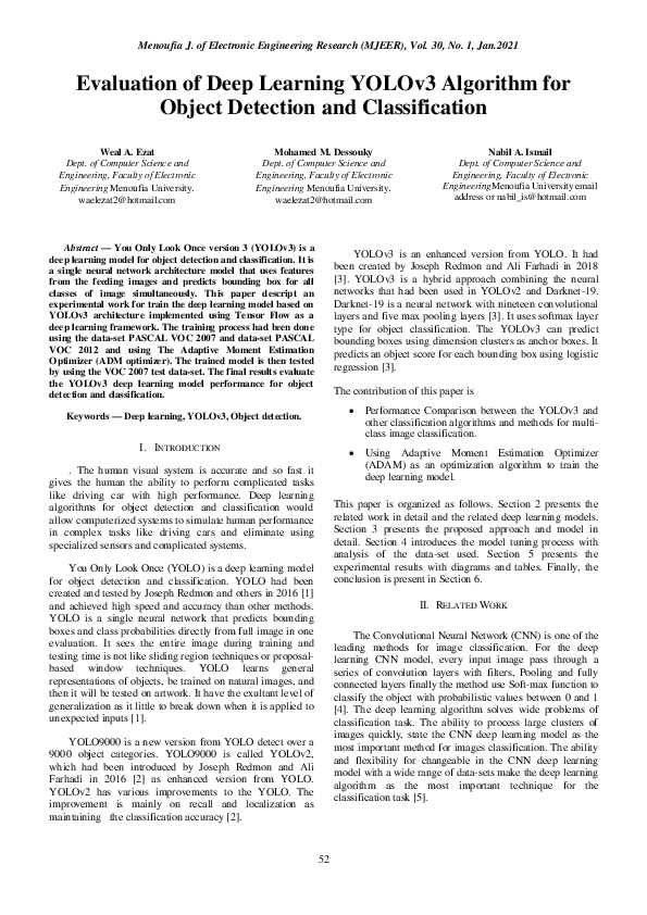 Pdf Evaluation Of Deep Learning Yolov3 Algorithm For Object Detection And Classification