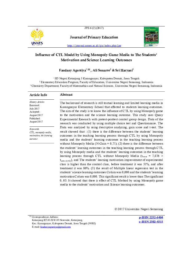 (PDF) Influence of CTL Model by Using Monopoly Game Media to The Students’ Motivation and ...
