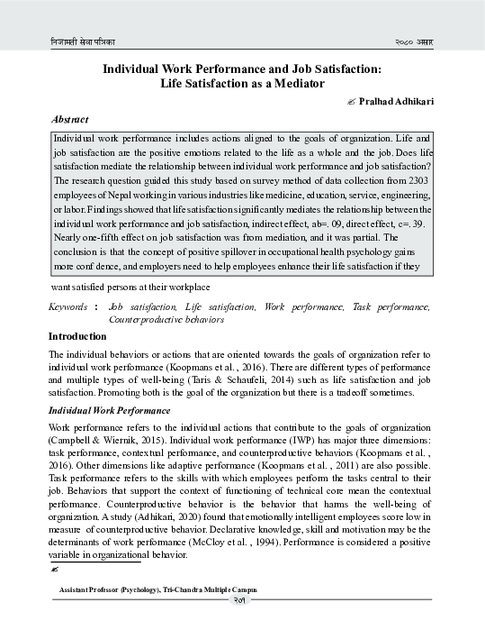 (PDF) Individual Work Performance and Job Satisfaction: Life Satisfaction as a Mediator